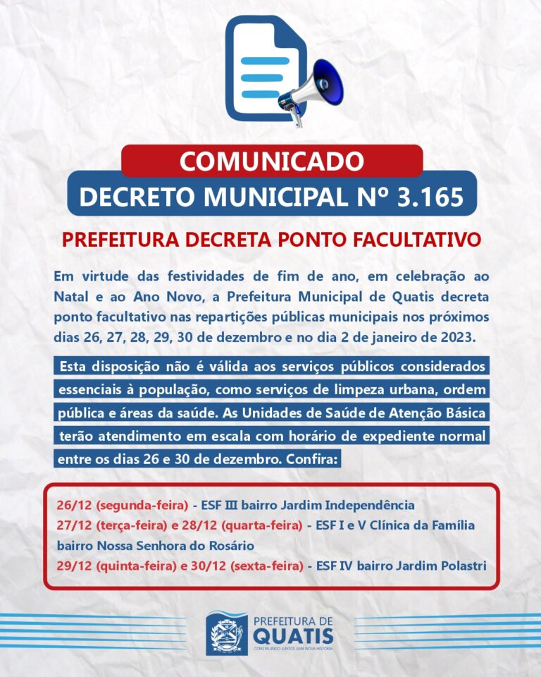 PREFEITURA DE QUATIS DECRETA PONTO FACULTATIVO A PARTIR DA ÚLTIMA ...