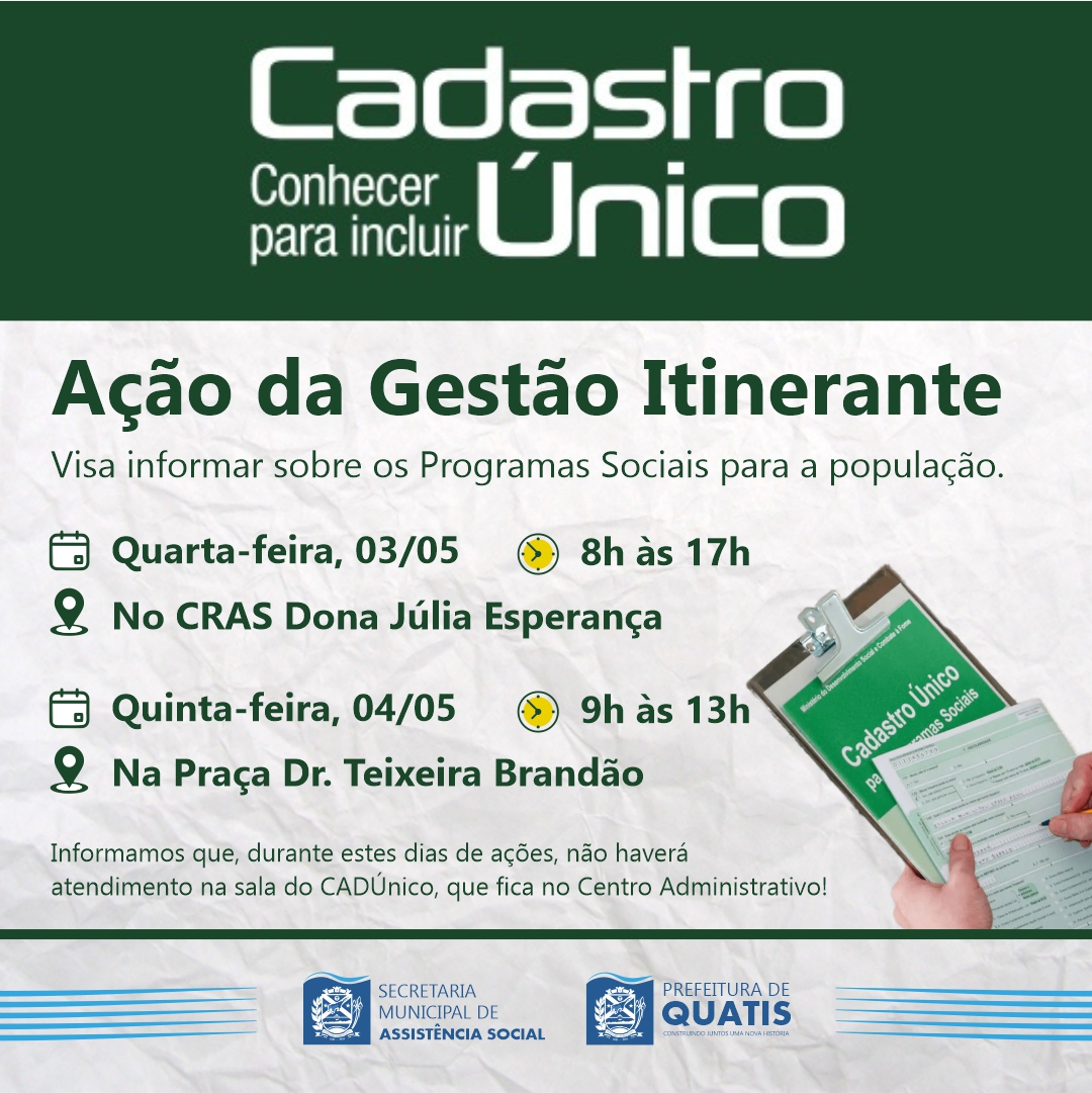 AÇÃO DA GESTÃO DO CADASTRO ÚNICO – Prefeitura Municipal de Quatis