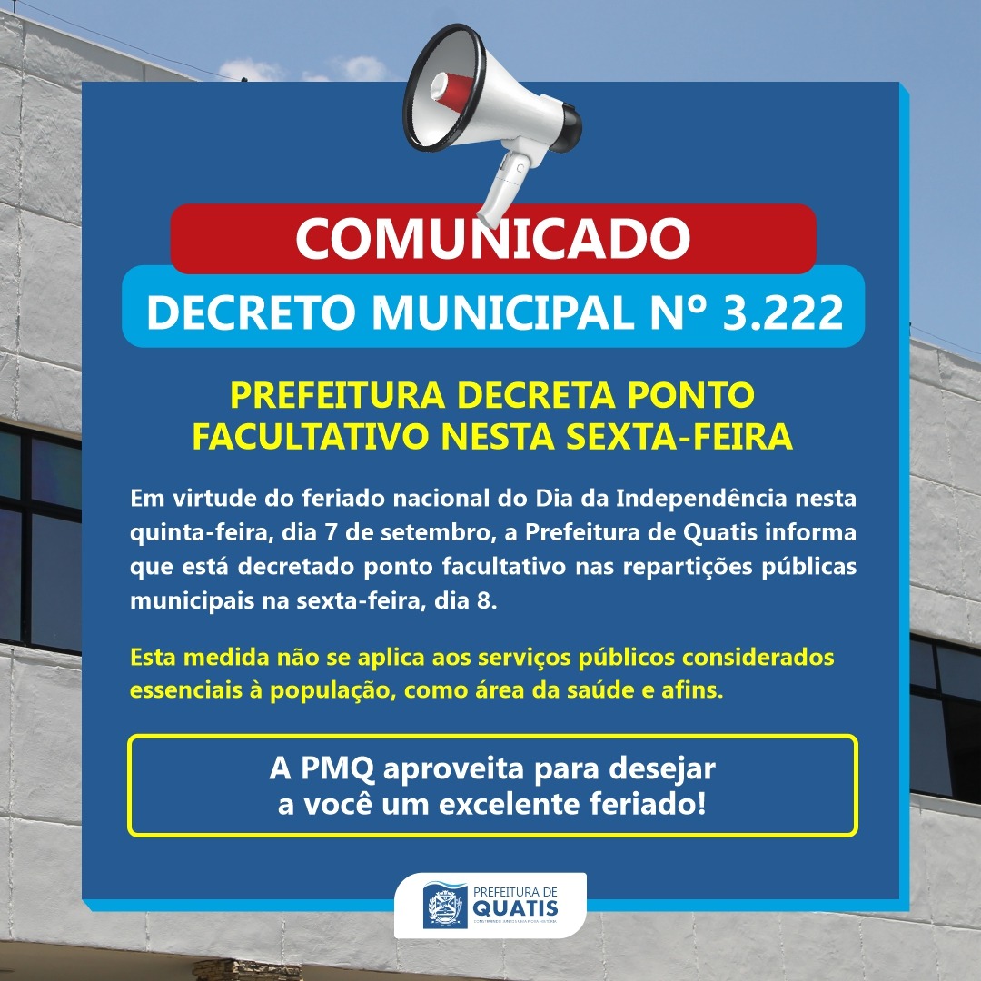 COMUNICADO: PREFEITURA DECRETA PONTO FACULTATIVO NESTA SEXTA-FEIRA – Prefeitura Municipal de Quatis