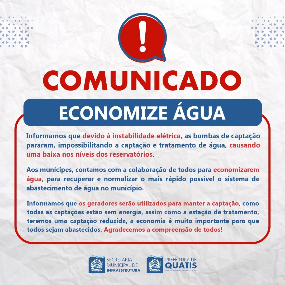 COMUNICADO: ECONOMIZE ÁGUA! – Prefeitura Municipal de Quatis