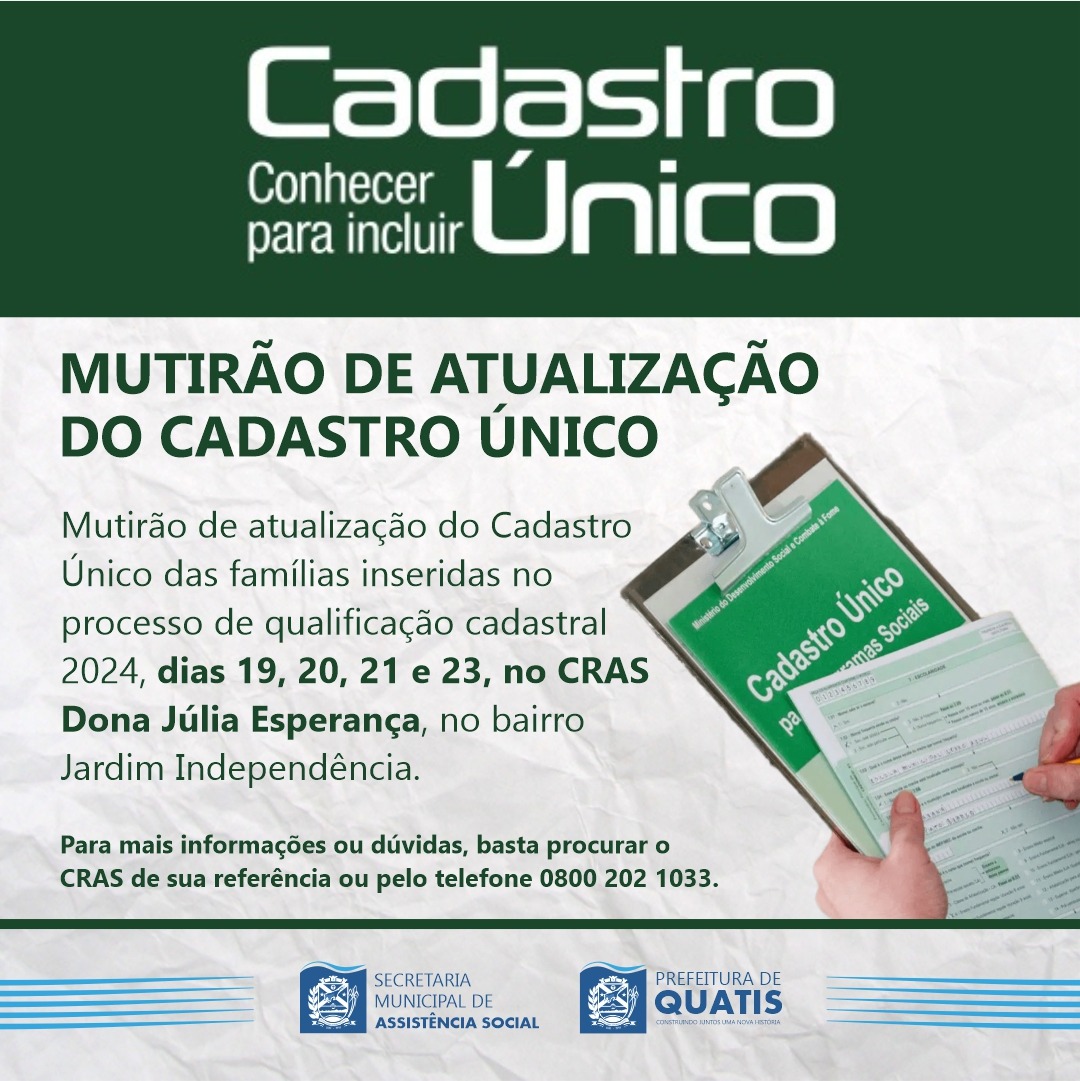 MUTIRÃO DE ATUALIZAÇÃO DO CADASTRO ÚNICO – Prefeitura Municipal de Quatis
