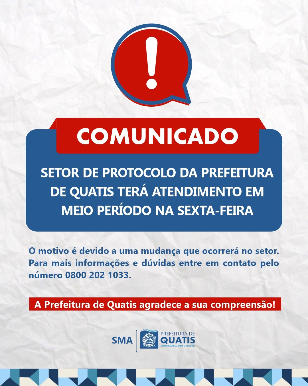 Comunicado: Setor de Protocolo da Prefeitura de Quatis terá atendimento em meio período na sexta ...